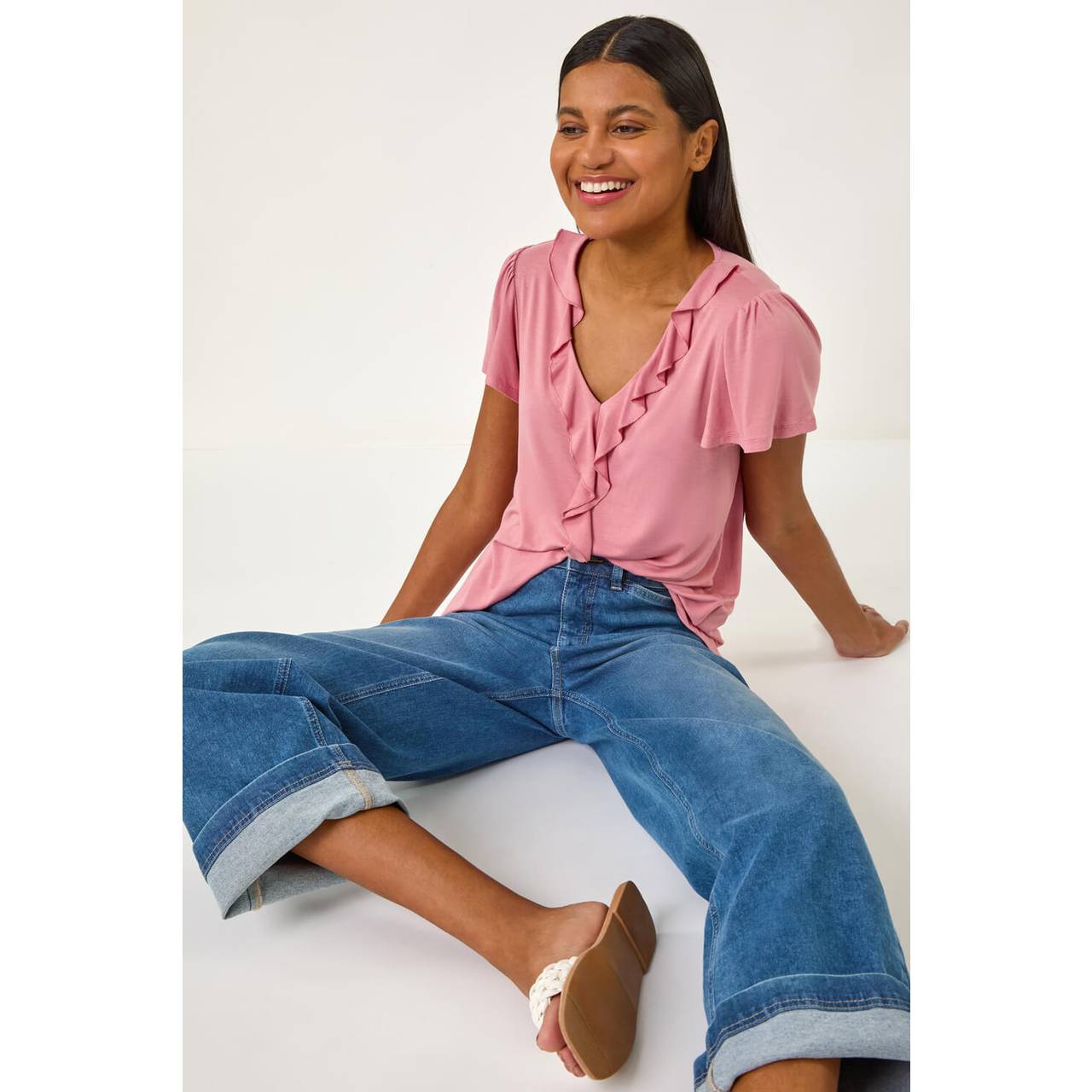 Roman Ruffle Front Stretch Top - Pink • Prices