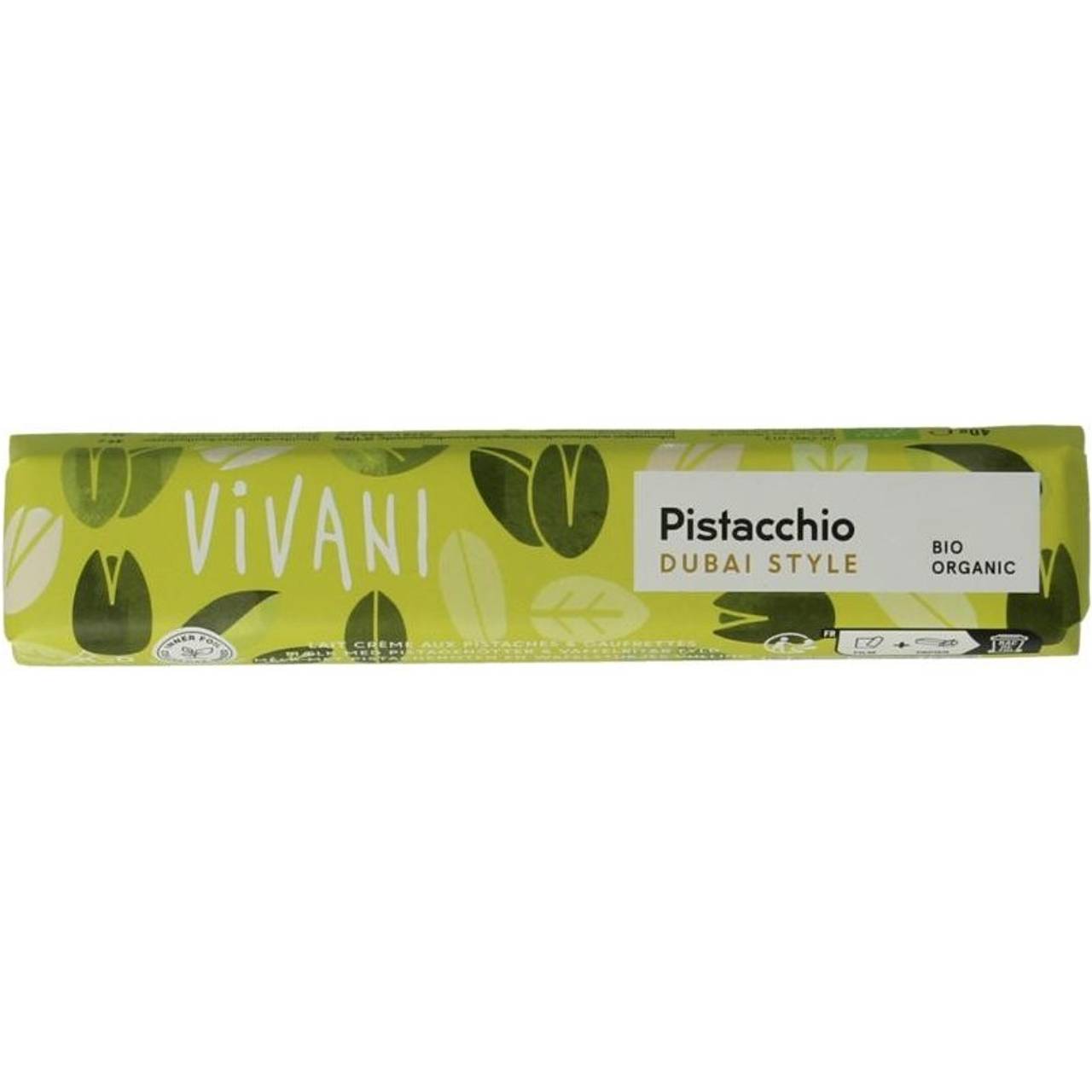 Vivani Mælkechokolade Pistacie Dubai Style Ø 40 g • Pris