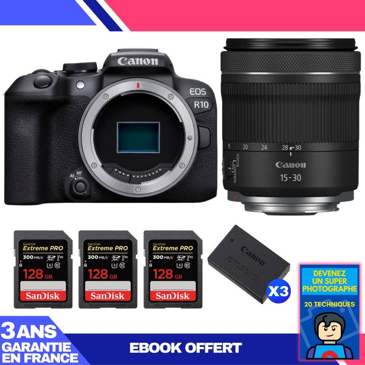 Canon EOS R10 RF 15-30mm F4.5-6.3 IS STM 3 SanDisk 128GB Extreme PRO • Prix